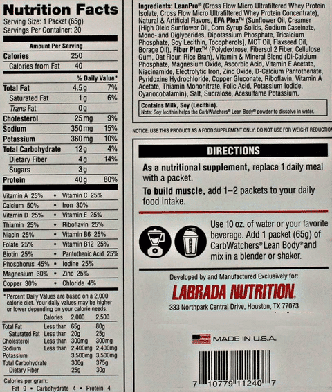lean body carbwatchers label - Supplement City
