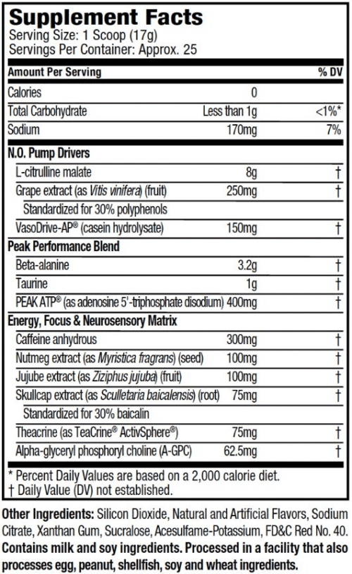 Muscletech Peak Series Pre-Workout label - Supplement City