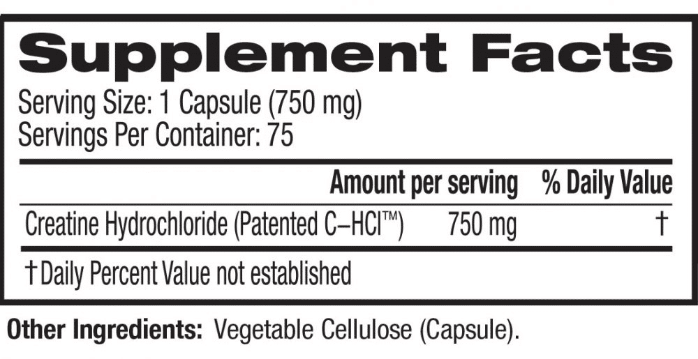 Kaged Patented C-HCl Creatine caps label - Supplement City